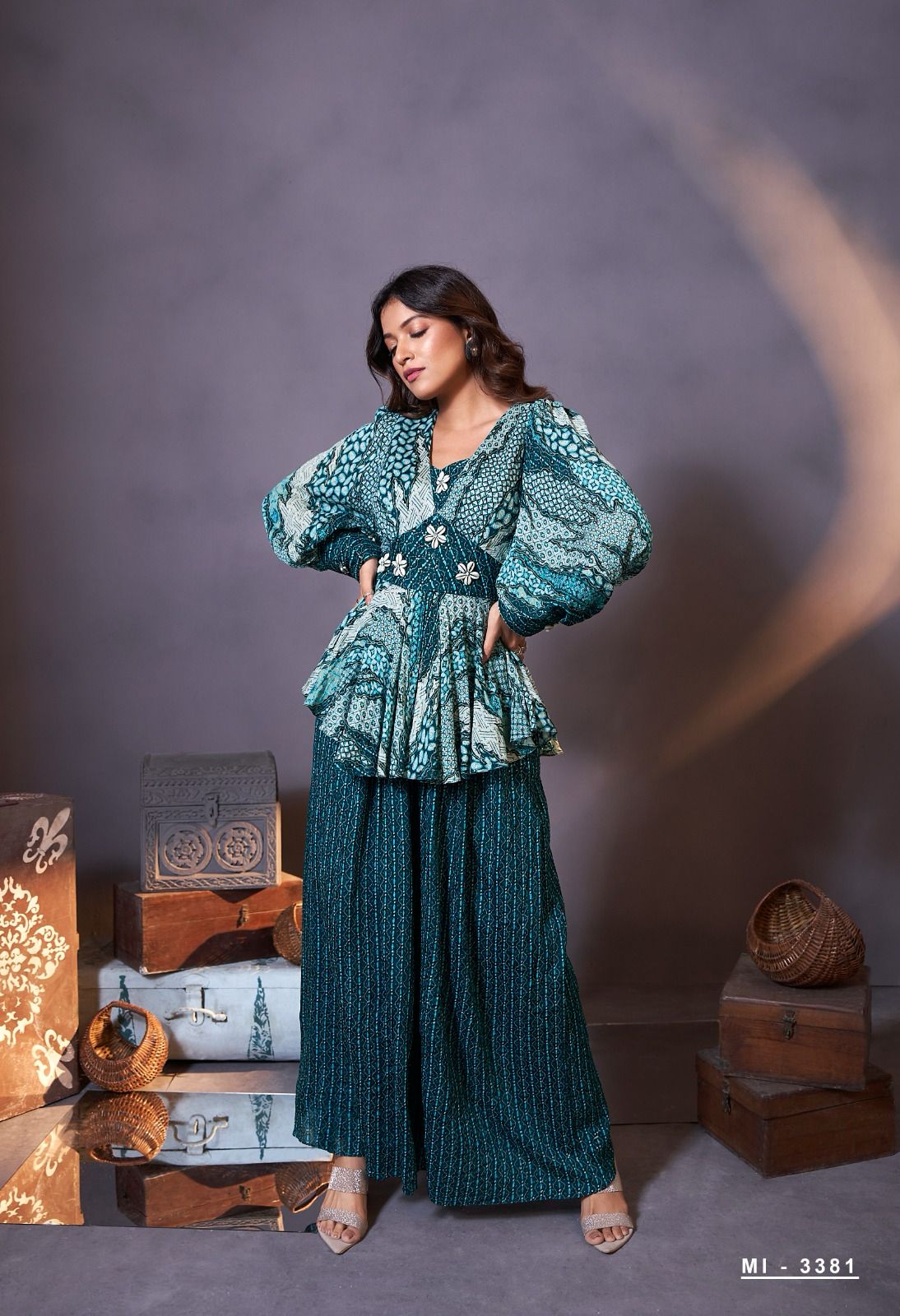 TEAL BLUE PRINTED CO ORD SET WITH BALLOON SLEEVES – Sakkhi Style