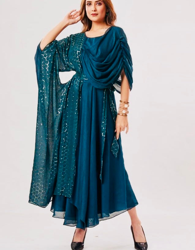 TEAL BLUE HUED INDO WESTERN STYLE FULL LENGTH KURTI – Sakkhi Style