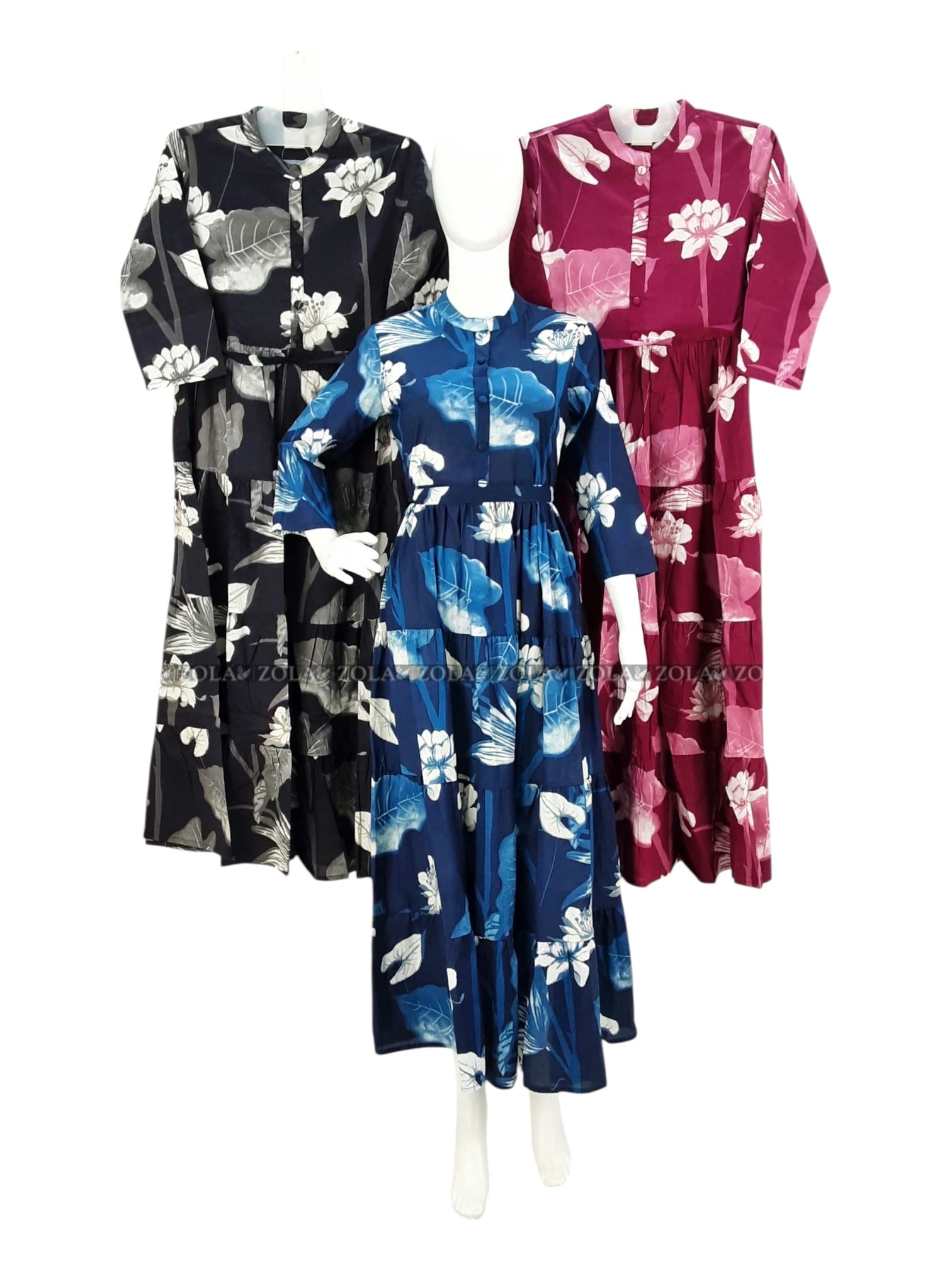 Bold Floral Printed Cotton Flared Dresses with Waist Belt – Available ...